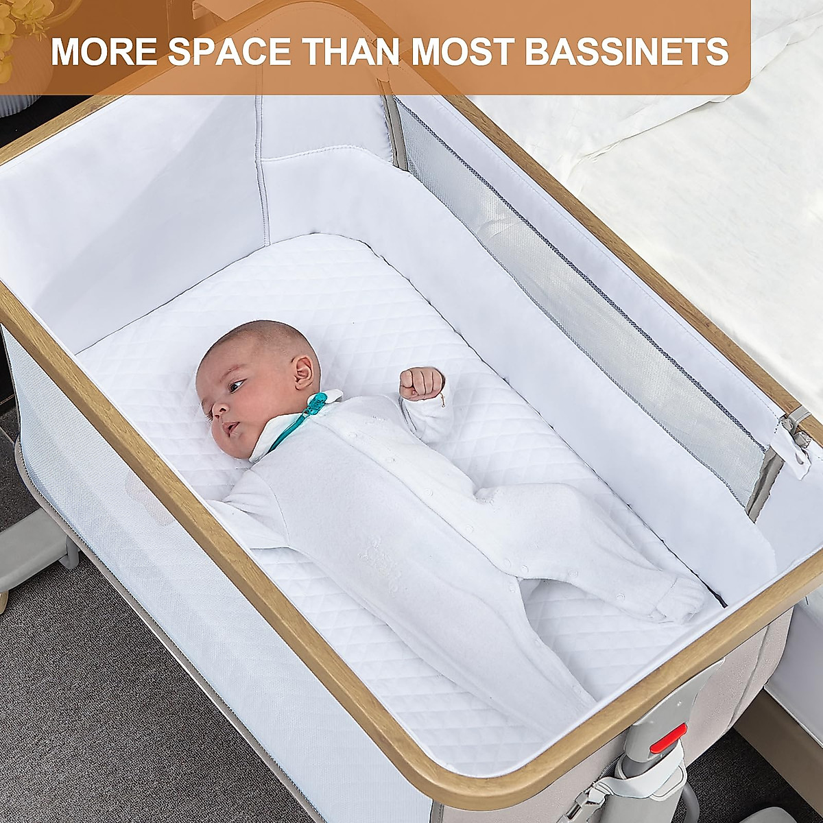 RONBEI Baby Bassinets Bedside Sleeper with Wheels 2 in 1 Easy Folding Portable bassinets with Storage Basket 10 Adjustable Height Bedside co-Sleeper for Baby Infant Newborn (Grey)