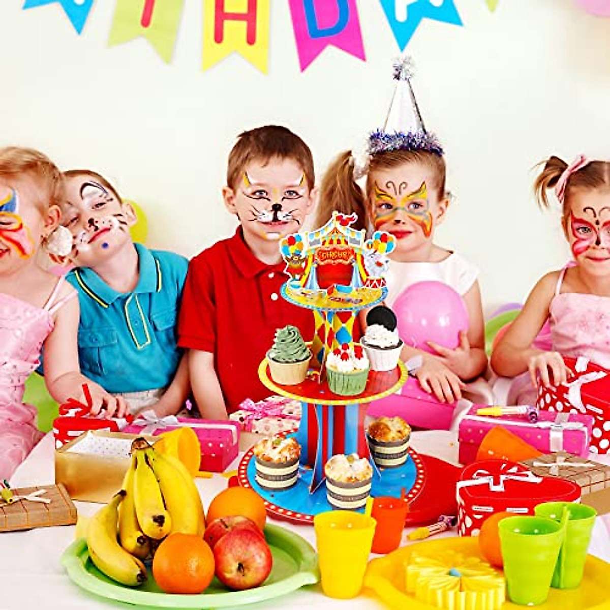 Zopeal Carnival Theme Cupcake Holder 3 Tier Circus Cardboard Cupcake Stand Circus Tent Cake Stand Dessert Tower Holder for Carnival Circus Themed Birthday Party Decoration Supplies
