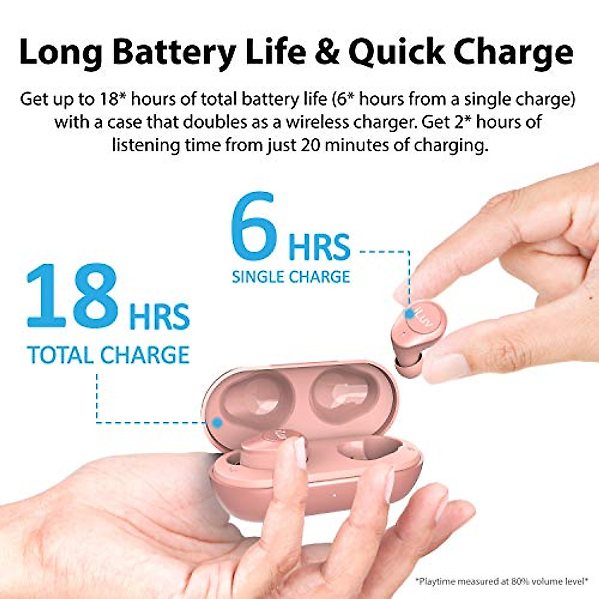 iLuv TB200 Rose Gold True Wireless Earbuds Cordless in-Ear Bluetooth 5.0 with Hands-Free Call Microphone, IPX6 Waterproof Protection, High-Fidelity Sound; Includes Compact Charging Case & 4 Ear Tips