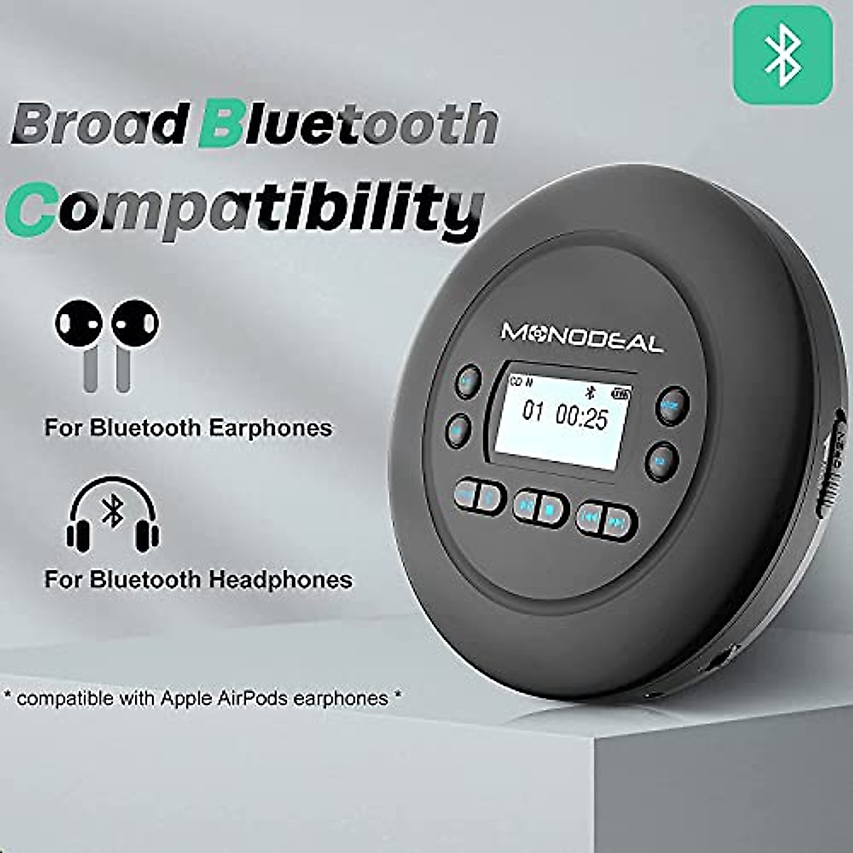 CD Player Portable, MONODEAL Bluetooth CD Player, Rechargeable Compact Small Walkman CD Player with Headphones for Car and Personal Use