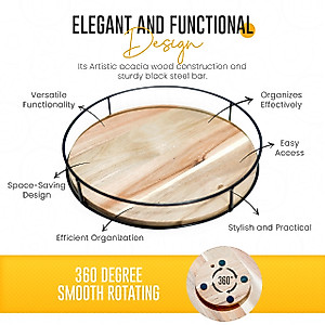 DECORSTATION Wooden Lazy Susan Organizer, 12.5 Inches - Round Lazy Susan for Table, Artistic Acacia Wood with Sturdy Black Steel Bar - 360 Degree Smooth Rotating – Suitable for Countertops & Cabinets