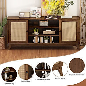 AWQM Rattan TV Stand for 65 Inch TV, TV Console Table with 2 Rattan Doors, Modern Entertainment Center with Storage Cabinet and Open Shelves, for Living Room, Bedroom, Walnut