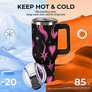 Y2K Flames Hearts Stars 40oz Water Bottle Double Wall Insulated Tumbler with Handle Leakproof Travel Mug Black-style