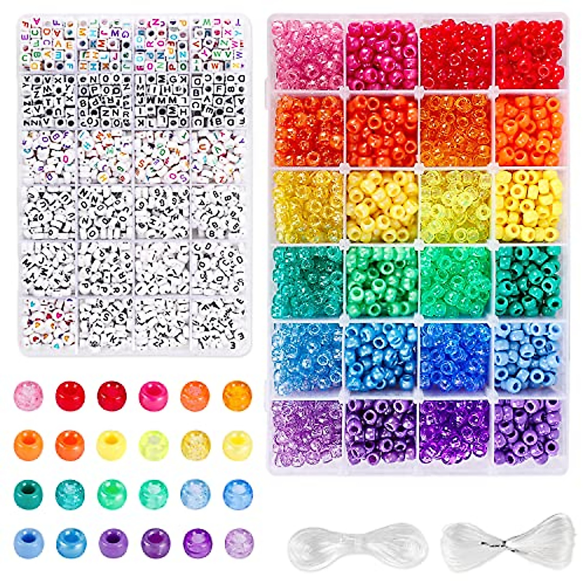 UOONY 4000pcs Pony Beads Kit, 2400pcs Rainbow Kandi Beads and 1600pcs Letter Beads, 24 Colors Plastic Craft Beads Bulk for Bracelets Jewelry Making with 20m Crystal String and 30m Elastic String