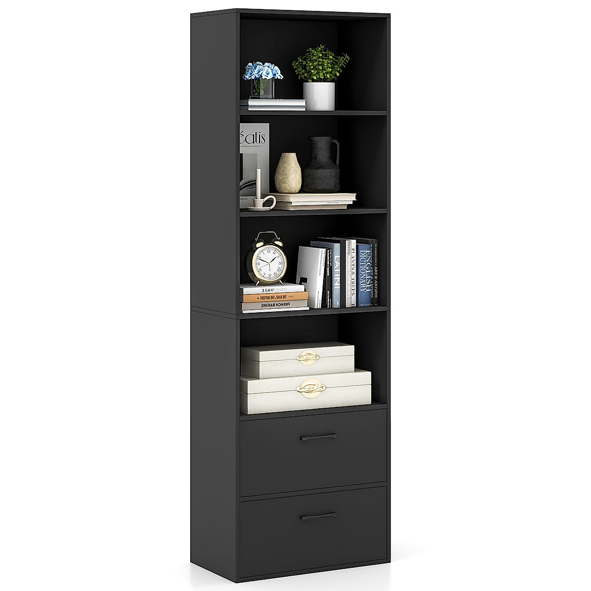 IFANNY 74" Tall Bookcase, Freestanding Open Bookshelf w/ 4 Open Shelves & 2 Drawers, Modern Display Shelf with Anti-Toppling Device, Wooden Book Shelf for Bedroom, Study, Living Room, Office