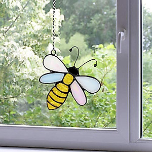 Huray Rayho Bee Suncatcher Window Hanging Ornament w/Suction Cup, Spring Summer Farmhouse Bumble Bee Double Side Stained Glass Panel Garden Yard Tree Hanging Decor, Bee Lover Day Teachers Day Gifts