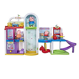 Peppa Pig Shopping Mall with Family, Includes 1 Connectable Mall Playset, 4 Character Toy Figures, 2 Chairs, 1 Pizza Table, 1 Toy Boat – for Kids - AMAZON EXCLUSIVE