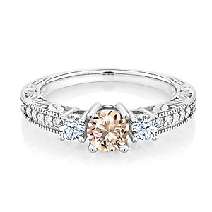 Gem Stone King 925 Sterling Silver Peach Morganite and White Created Sapphire Engagement Ring For Women (0.79 Cttw, Round 5MM, Available in size 5, 6, 7, 8, 9)