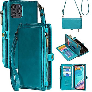 MInCYB Compatible with iPhone 14 Pro Wallet Case, Zipper Case with RFID Blocking Card Holder Slots for Women Men, Magnetic Detachable Leather Cover with Wristlet Strap for iPhone 14 Pro. Blue