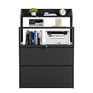OUYESSIR 2 Drawer File Cabinet with Lock, Filing Cabinets with Storage Shelves for Home Office, Lateral File Cabinet in Steel Metal, Office Storage Drawers for Legal, Letter, A4 File (Black)