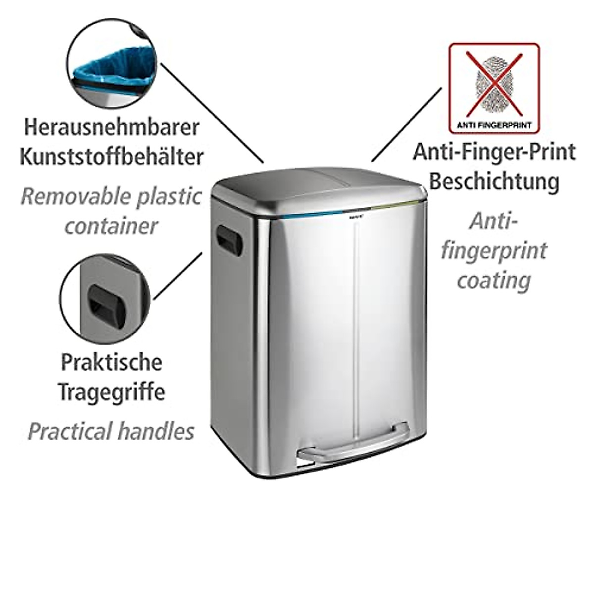 WENKO Primo 10 Gallon Dual, odorless, Waste, (WxHxD): 8.9x9.1x12.6 in, Stainless Steel Lid and Foot Pedal, Garbage Bin, Handsfree, Step Trash Can, Chrome