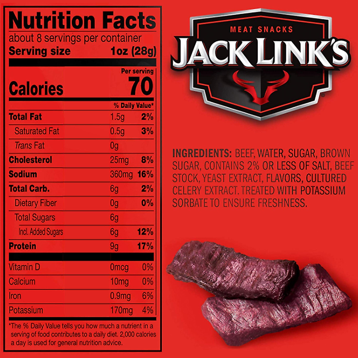 Jack Link's Steak Strips, Beef Jerky, Original Flavor, Snack Bags, Extra Thick Cut Protein Snacks, Ready to Eat - 9g of Protein and 70 Calories Per Serving, Made with Premium Beef, 8 Ounce (Pack of 2)