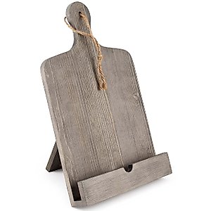 Cookbook Stand Recipe Book Holder Stand with Wood Cutting Board Design, Cookbook with Back Stand for Convenient Countertop Display or String for Wall Mounting iPad and Tablet Hands Free Stand(Gray)