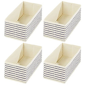 mDesign Soft Fabric Dresser Drawer and Closet Storage Organizer Bin for Bedroom - Holds Lingerie, Bras, Socks, Leggings, Clothes, Purses, Scarves, Lido Collection - 4 Pack - Natural/Blue Stripe