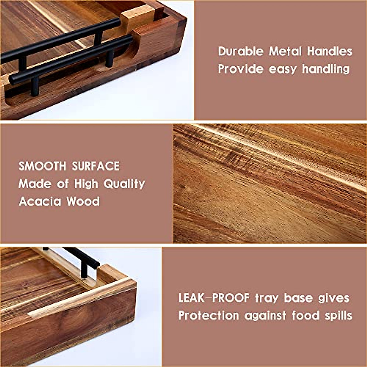 Acacia Wood Serving Tray with Handles Set of 2, Rustic Serving Tray for Ottoman, Wood Nesting Trays, Decorative Serving Trays for Breakfast in Bed,Lunch,Dinner,Coffee Table,BBQ, Party –Great for Lap