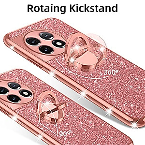 nancheng for Oneplus 11 Case (2023), Phone Case for Oneplus 11 5G Women Glitter Cute Luxury Soft Silicone Clear Case with Ring Stand Strap Lanyard Shockproof Protection Cover - Rose Gold