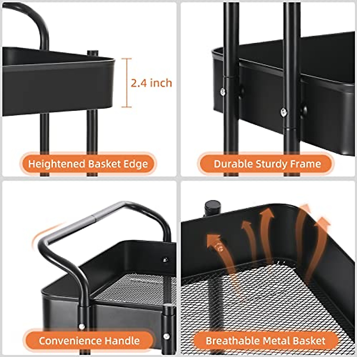 TOOLF 3 Tier Metal Rolling Cart, Utility Cart with Handle, Multifunction Storage Cart with Lockable Wheels, Serving Organizer Trolley with Mesh Basket for Kitchen, Bathroom, Office