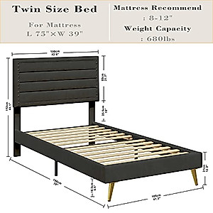 LIKIMIO Twin Bed Frame for Kids, Platform Bed with Upholstered Headboard and Wooden Slats Support, No Box Spring Needed, Easy Assembly, Black