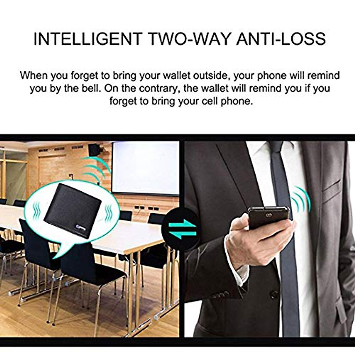 Trackable Anti-Lost Bluetooth Wallet, Intelligent Tracker Finder with Position Locator (Via Phone GPS) Bifold Cowhide Leather Minimalist Credit Card Purse (Black, Horizontal)