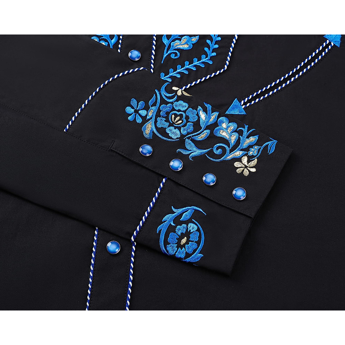 SALVAJE OESTE Western Embroidered Cowboy Shirts for Men, Casual Button Down Long Sleeve Shirt Floral Design Retro Shirt Black-Royal Blue