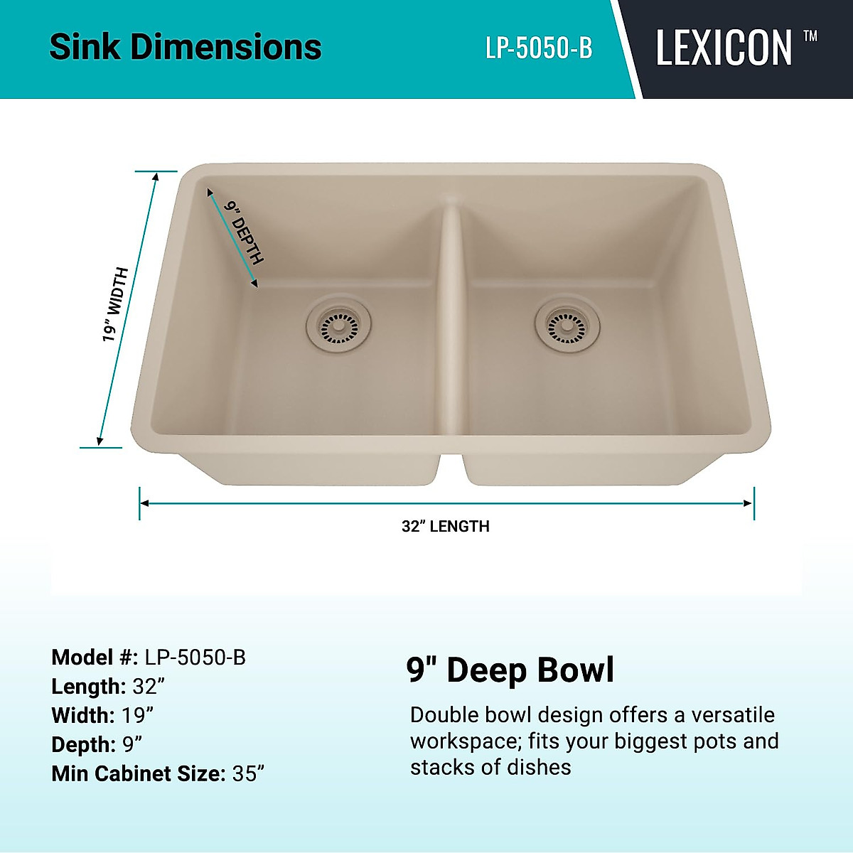 32" x 19" Quartz Kitchen Sink, 50/50 Double Bowl Kitchen Sinks, Drop-in Sink, Undermount Sink, Galaxy Beige Kitchen Sink, Double Sink Kitchen, Grids, Strainer and Flange, Lexicon Platinum LP-5050-B