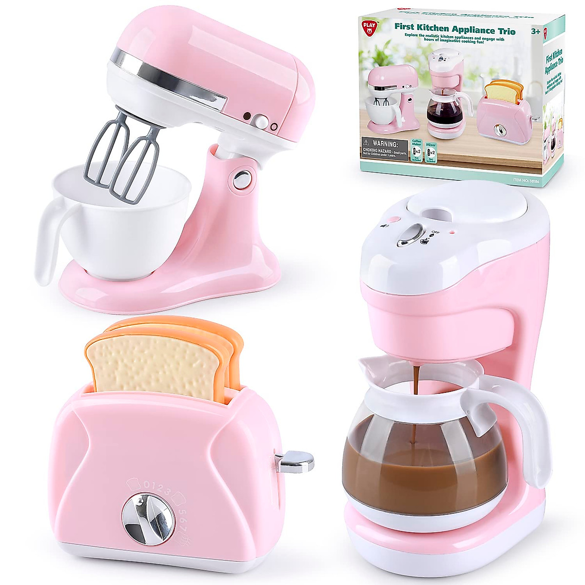 Kitchen Appliances Toys, Kids Play Kitchen Accessories Set, Pretend Kitchen Toys for Kids Ages 4-8, Coffee Maker, Mixer, Toaster with Realistic Lights & Sounds, Gift for Girls Ages 3+