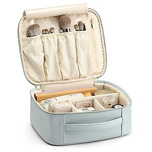 Vlando Makeup Bag, Travel Makeup Bags,Large Portable Make Up Bag Organzier with Dividers and Handle Gifts for Women Girls,Traveler,Christmas,Wedding Blue