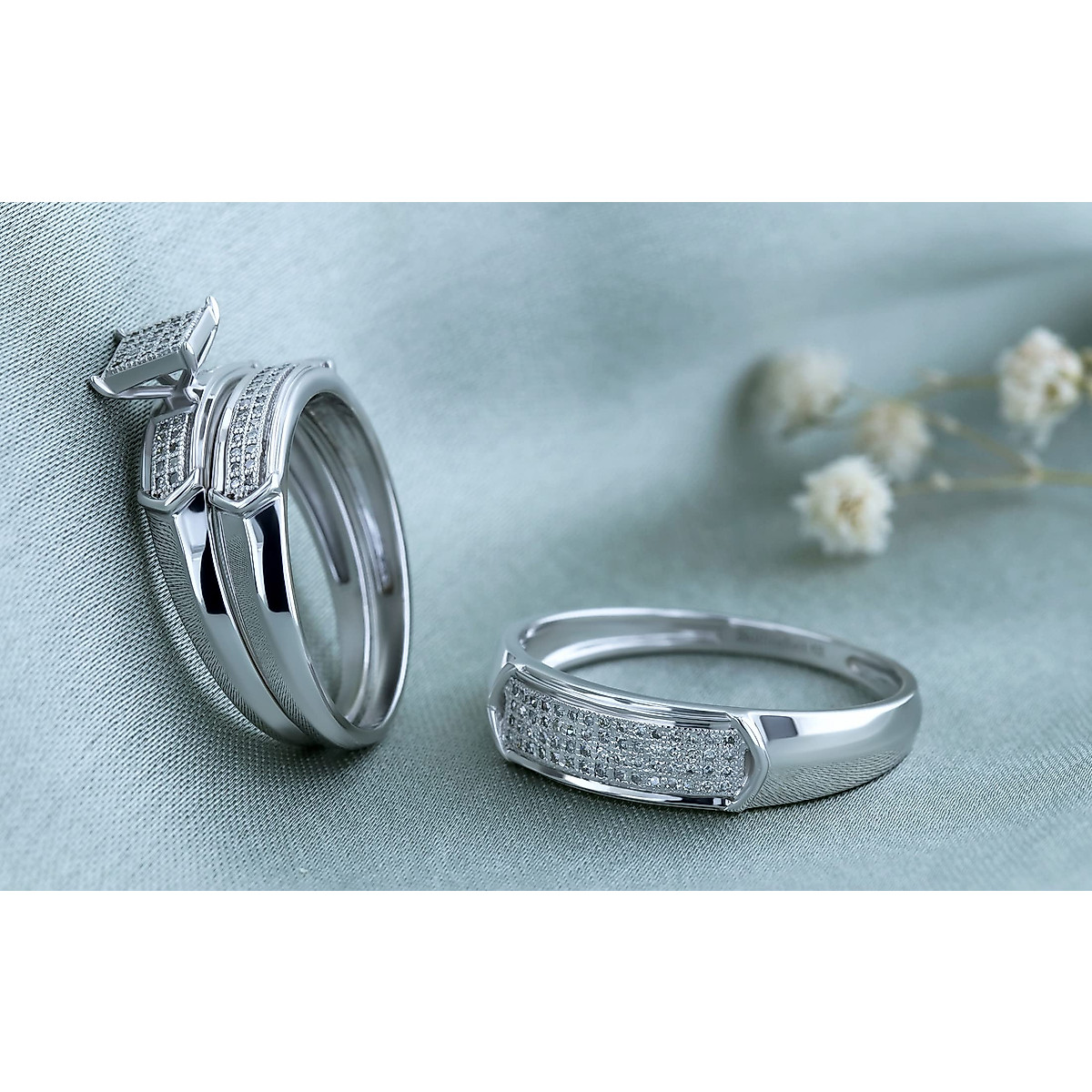 Dazzlingrock Collection 0.30 Carat (ctw) Round White Diamond Square Framed Wedding Trio Ring Set in 925 Sterling Silver, Women size 7 & Men size 7