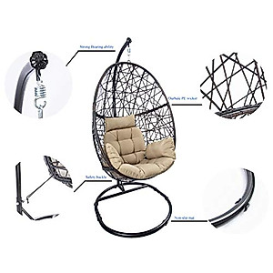 LUCKYBERRY Outdoor Wicker Tear Drop Hanging Egg Chair Color Cushion Beige
