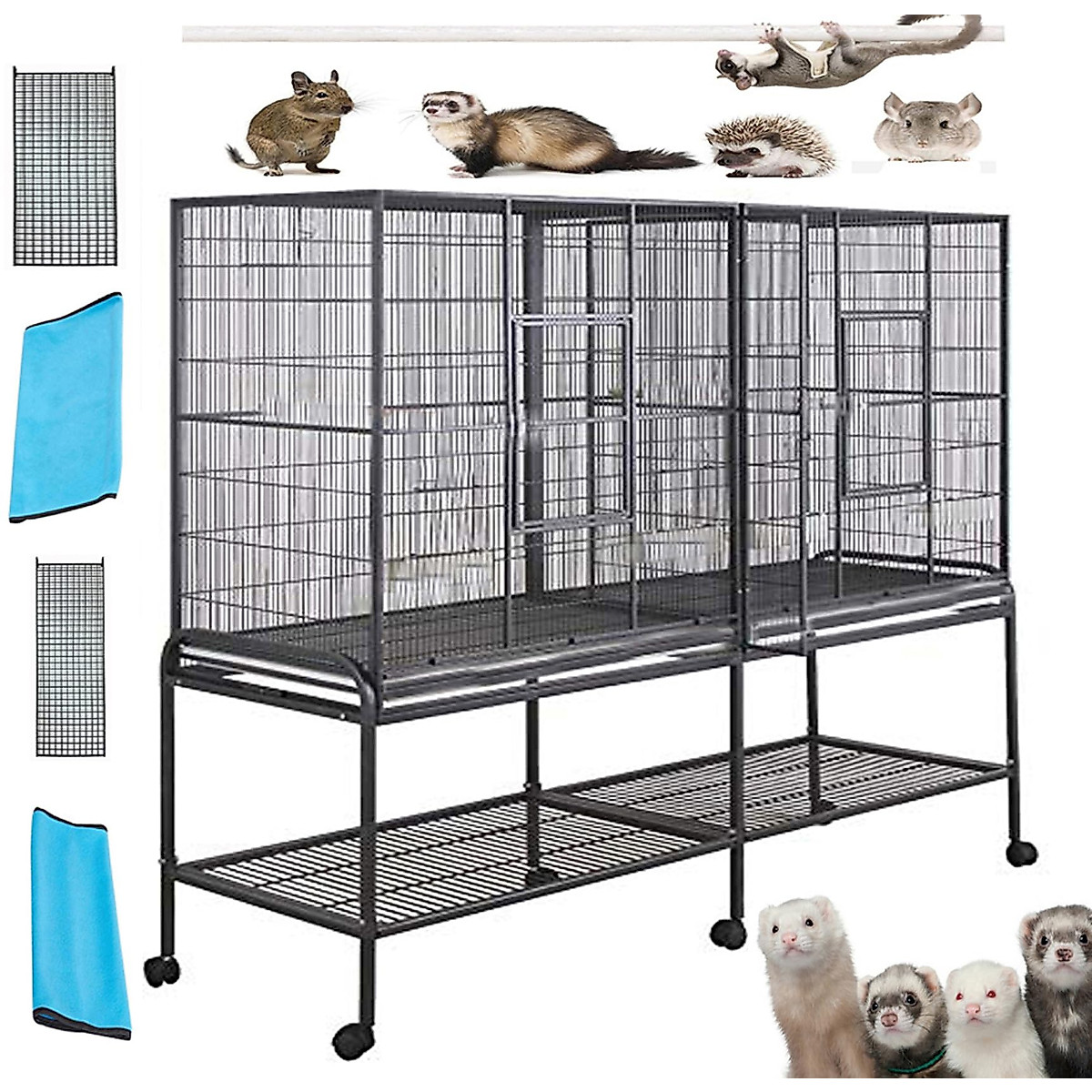 54" Large Double 3-Levels Small Animals Critters Wrought Iron Chew Proof Cage Center Slide Out Divider Tight 1/2-inch Bar Spacing Removable Rolling Stand Ferret Squirrel Chinchilla Rat Mouse
