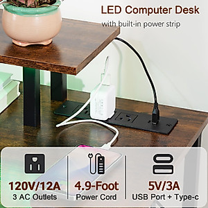 LOAKEKEL 55 Inch Desk with Drawers, Gaming Desk with LED Light & Power Outlets, Computer Desk with Monitor Stand, Writing Desk with Headphone Hook for Home Office, Bedroom, Brown, HGD14BR