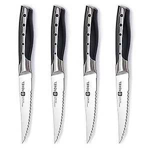 FOXEL Dishwasher Safe Steak Knives Knife Set of 4, 8, or 12 - Serrated Steak Knife Set w/Japanese Stainless Steel, Full Tang Handle, and Rust Resistant Blade - Steak Knifes Gift Box Set