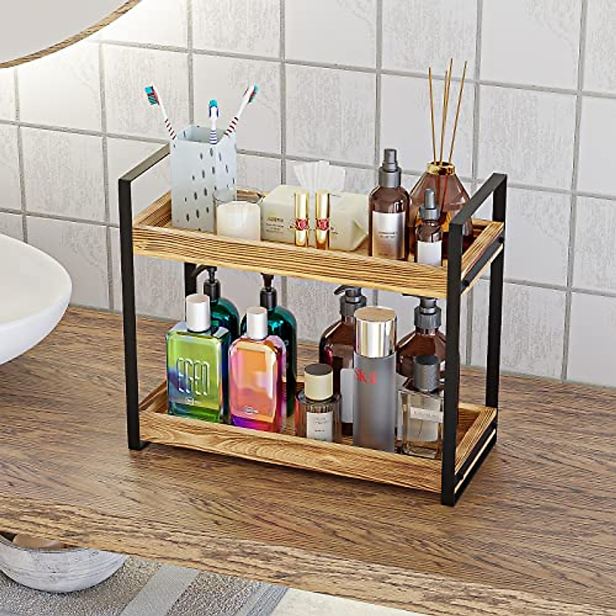 AieeJL 2-Tier Countertop Organizer for Bathroom Counter,Finished Wood Vanity Tray Holder,Cosmetic Storage Shelf, Perfect as Kitchen Snack Spice Rack and Coffee Station Organization