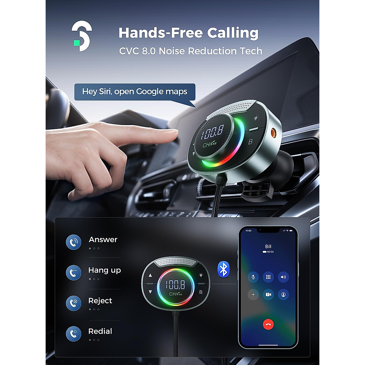 Bluetooth 5.3 FM Transmitter for Car - SOOMFON Bluetooth Car Adapter with Big Mic Bass Stereo Hi-Fi Sound, PD30W QC18W FM Bluetooth Transmitter Car Charger Support Hands-Free Calls, Aux Out, TF Card