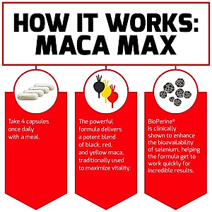 Force Factor Maca Max, Maca Root Capsules to Maximize Vitality & Performance, Made with Black Maca, Red Maca, & Yellow Maca Powder, Maca Root Powder, 2000mg, 120 Capsules