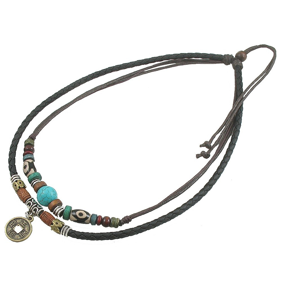Ancient Tribe Unisex Adjustable Necklace Choker Turquoise Bead (Black & Brown)