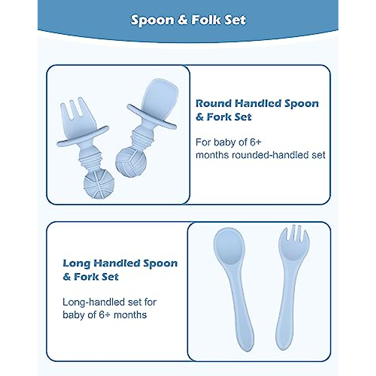 OFUN 8 Pack Silicone Toddler Feeding Set, Baby Led Weaning Supplies with Adjustable Bib, Divided Suction Plate, Bowl and a Sippy Cup, with 2 Spoon, 2 Folk, Eating Utensil for 6+ Months, Blue