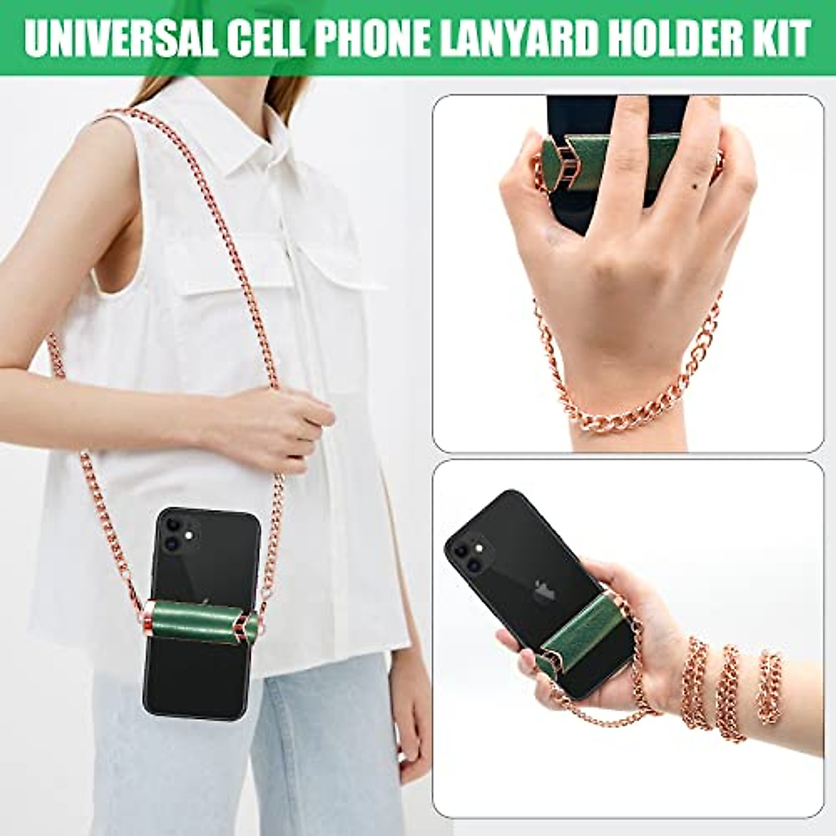 Universal Cell Phone Lanyard Holder, 120cm Crossbody Necklace Lanyard & 30cm Rose Gold Phone Lanyard+ Emerald Green Phone Holder Wrist Strap Compatible with iPhone 14 13 12 and Most Smartphones