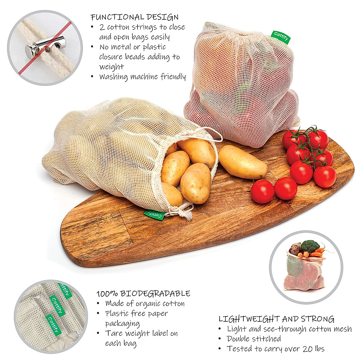 6 Reusable Produce Bags Grocery Washable | Organic Cotton Mesh Produce Bags | Double-Stitched & Tare Weigh | Mesh bags for vegetables | Cotton Produce Bags Reusable Washable | Produce bag (M size)