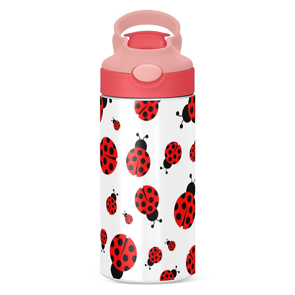 Kigai Ladybug Kids Water Bottle,Insulated Stainless Steel Reusable Metal Thermos Bottles, Leak-Proof Straw Lid, BPA-Free, For Boys,Girls