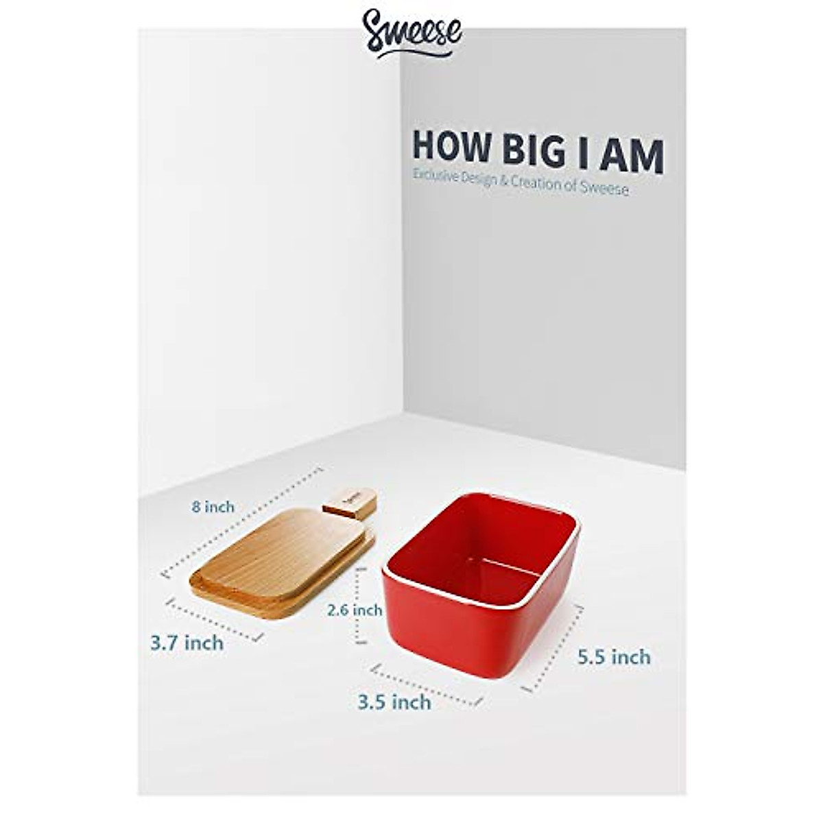 Sweese 323.104 Butter Dish with Lid and Handle, Porcelain Butter Keeper and Extended Wooden Lid, Red