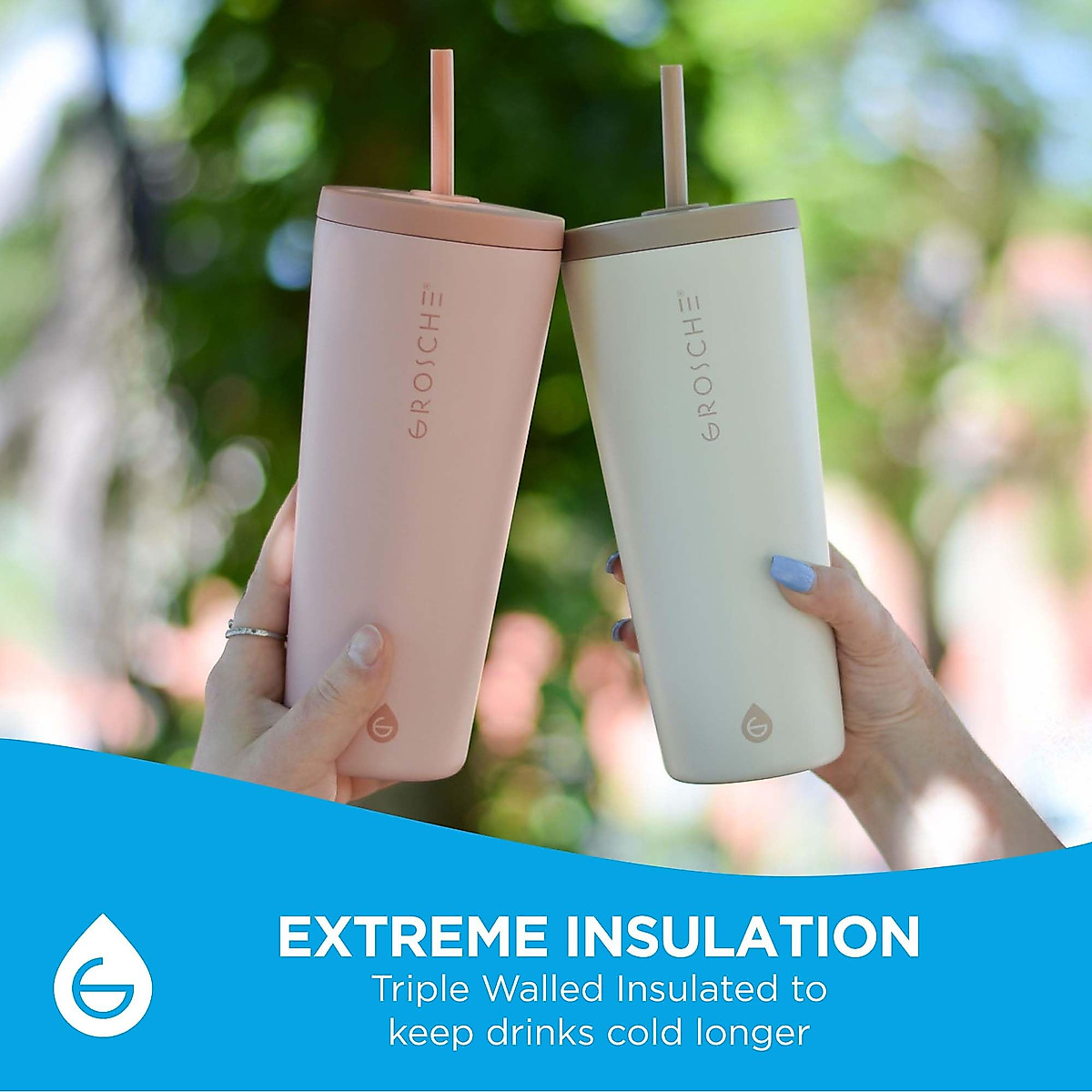 GROSCHE Jasper 23oz Tumbler with straw. Extreme Insulation, Classy Design, Built to Last, Insulated Stainless Steel Tumbler with Lid and Straw - Pink