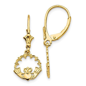 14K Yellow Gold Heart Love Irish Claddagh Celtic Circle Round Drop Dangle Earrings Jewelry
