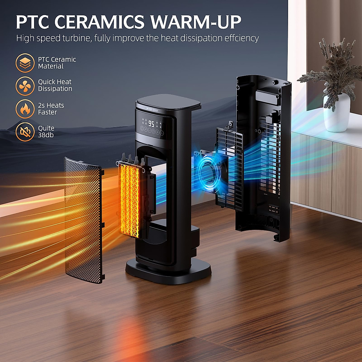 GIOFXY Indoor Space Heater, 1-12H Timer, Digital Display, 70°Oscillation, PTC Ceramic Electric Heating 1500W, Suitable for Office, Home.