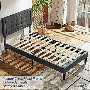 VECELO Twin Size Upholstered Bed Frame with Height Adjustable Fabric Headboard, Heavy-Duty Platform Bedframe/Mattress Foundation/Strong Wood Slat Support/No Box Spring Needed, Grey