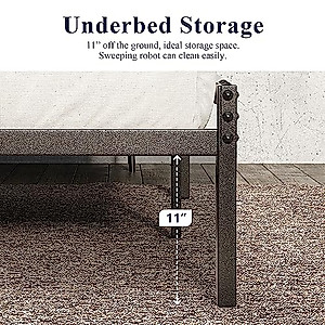 Allewie Queen Size Bed Frame with Wood Headboard, Metal Platform Frame with Strong Slats and Rivet Decoration, Easy Assembly, No Box Spring Needed, Noise Free, Brown