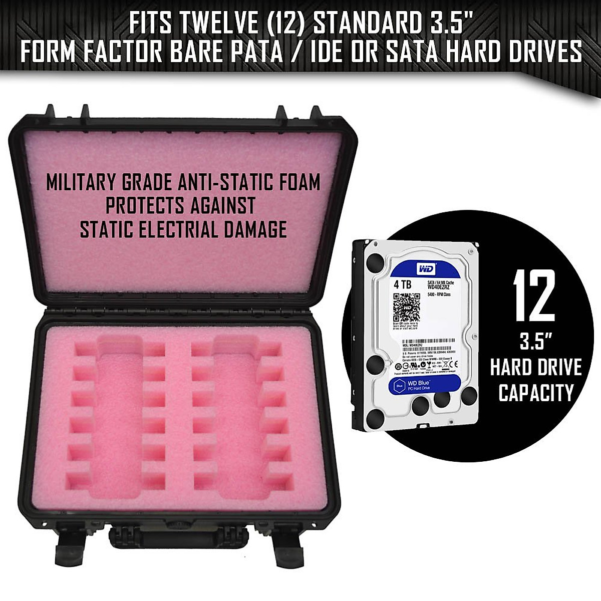 MyCaseBuilder Doro Cases Heavy Duty Hard Drive Storage Case – Protector Travel Carrying Case - Foam Insert Fits 12 x 3.5-Inch PATA/SATA Hard Drives