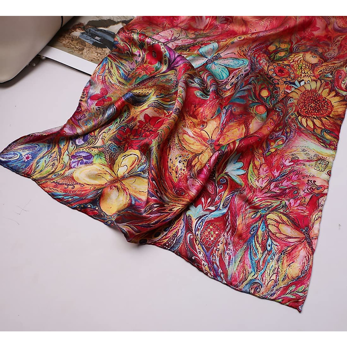 SUNMISILK 100% Mulberry Silk Scarfs for Women Floral Print Satin Long Scarf for Headscarf Hair Wraps Shawl with Gift Packed (Hsyh22)