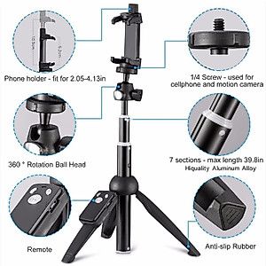 Tripod Monopod Selfie Stick, Long Extendable with Wireless Remote Shutter Control Phone Clip Holder，Compatible with All Cellphones