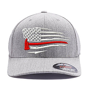 Thin Red Line Fire Department Distressed American Flag hat, Flag with Firefighter Axe Embroidered. 6477 and 6277 Flexfit Hat (L/XL, Heather Grey)